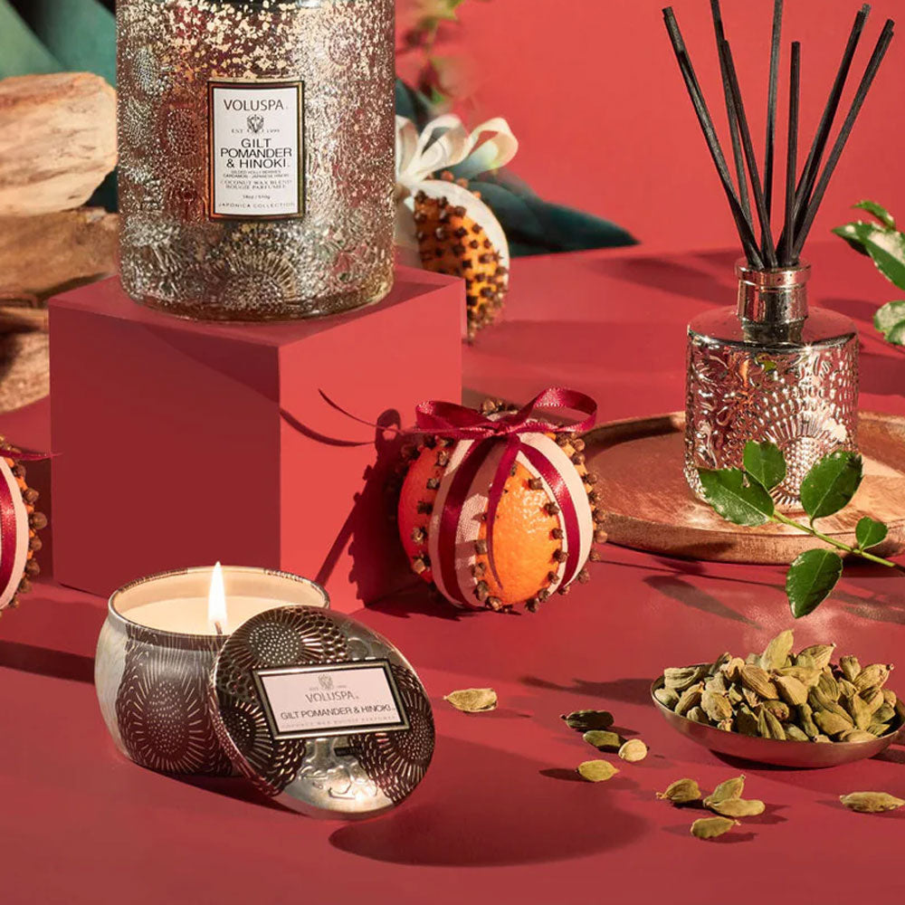Voluspa Gilt Pomander & Hinoki Tin Candle | Pepperwhites by Tara Dennis